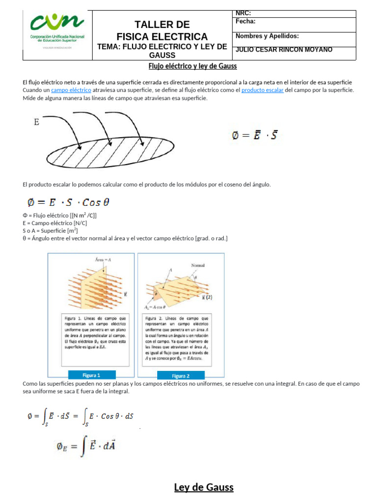 taller fisica electrica -- flujo electrico y ley de gauss | PDF | Flujo ...