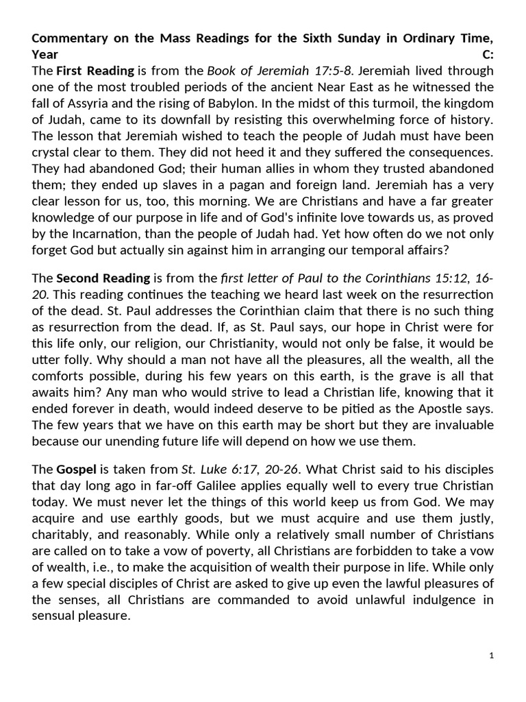 Commentary On The Mass Readings For The Sixth Sunday in Ordinary Time ...