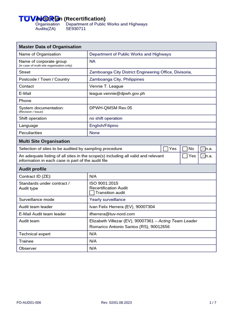 DPWH ISO 9001 Recertification Audit Plan | PDF | Audit | Business