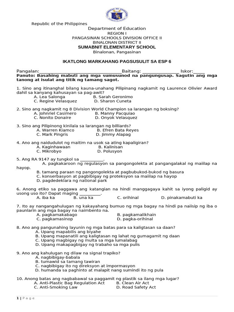 PT - q3 - For Print Exam Esp 6 District Based | PDF