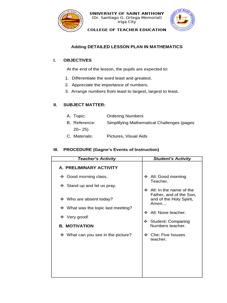 Detailed Lesson Plan: Ordering & Rounding Numbers | PDF | Lesson Plan ...