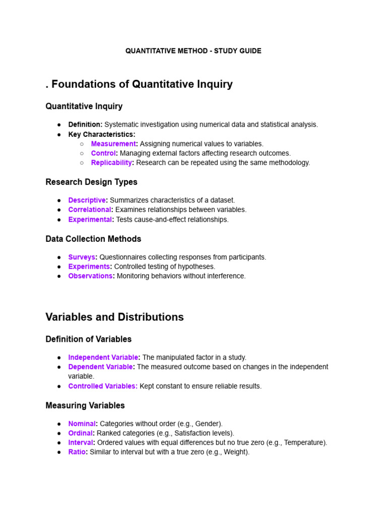 Quantitative Method - Study Guide | PDF | Statistics | Methodology