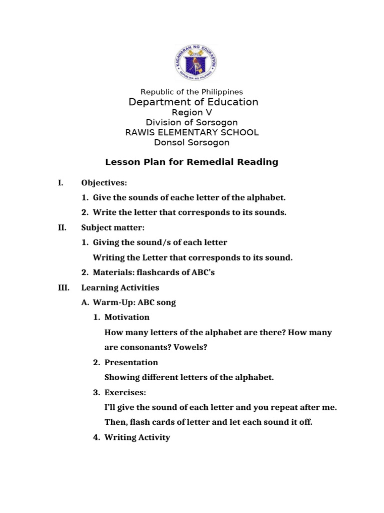 Lesson Plan for remedial rdg. | PDF
