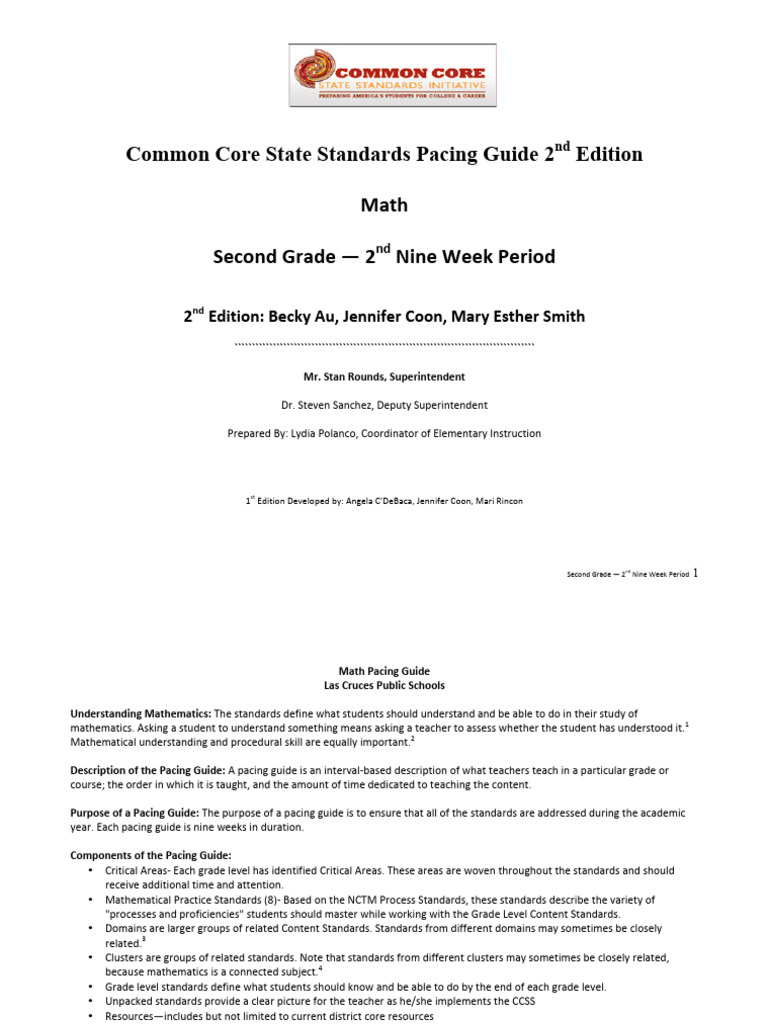 Common Core State Standards Pacing Guide 2 Edition Math Second Grade ...