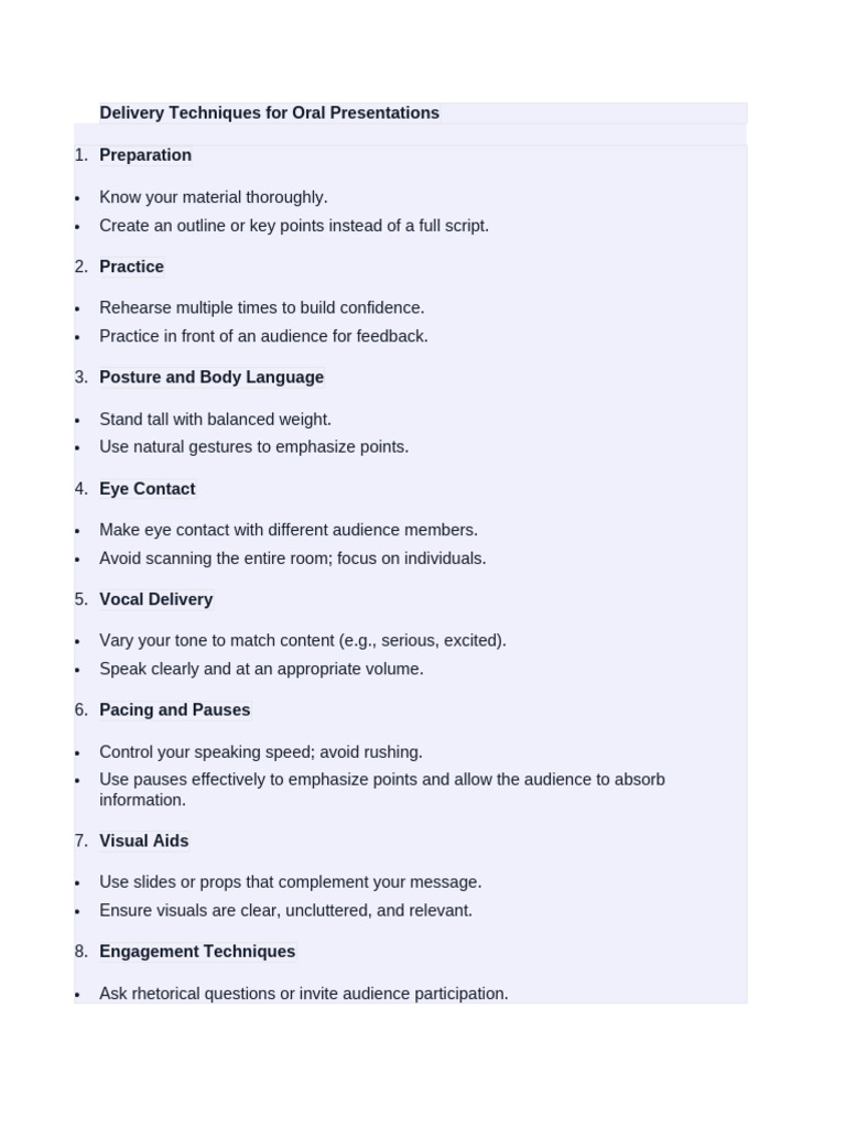 Delivery Techniques For Oral Presentations | PDF