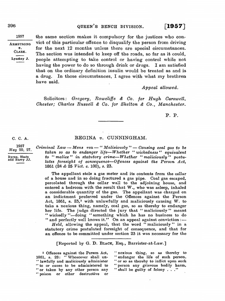 R v. Cunningham, (1957) 2 QB 396. | PDF | Crimes | Crime & Violence