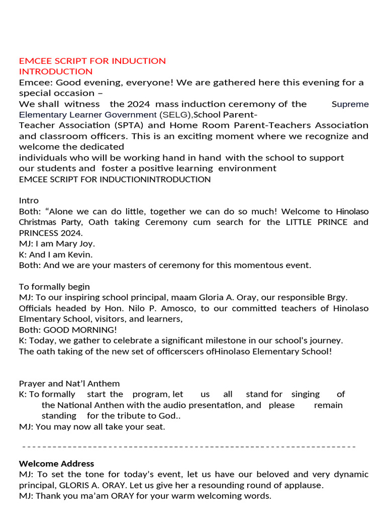 Emcee Script For Induction and Popular | PDF