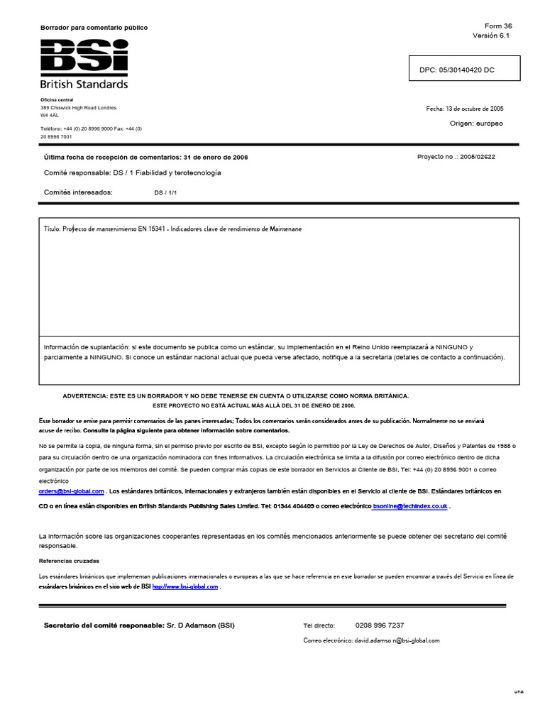 UNE EN 15341 Indicadores Mantenimiento - En.es | PDF | Datos | Medición