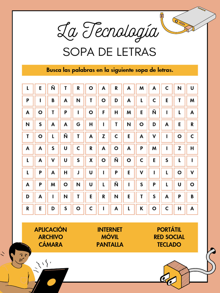 Hoja de Trabajo Sopa de Letras de La Tecnología Ilustrativo Rosa Y ...