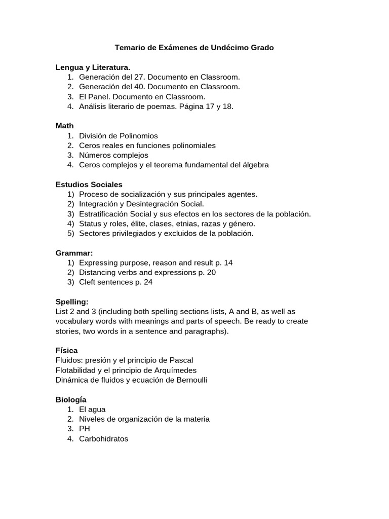 Temario Exámenes Undécimo Grado | PDF