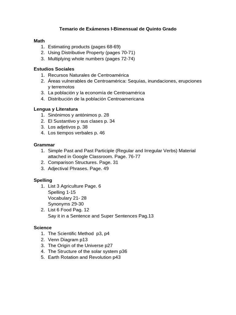 Temario Exámenes Quinto Grado 2023 | PDF