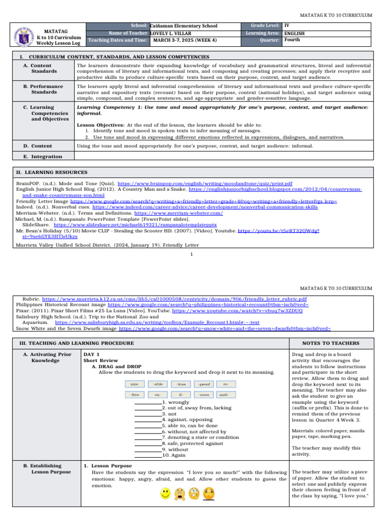 DLL Matatag - English 4 Q4 W4 | PDF | Feeling | Curriculum
