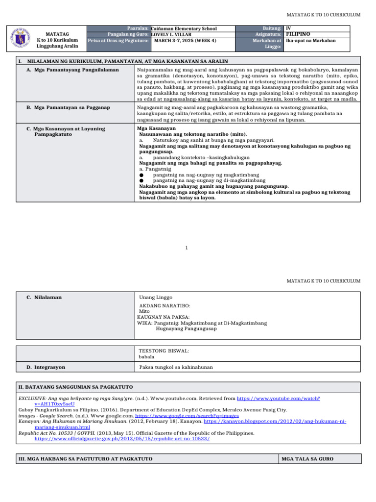 DLL Matatag - Filipino 4 Q4 W4 | PDF