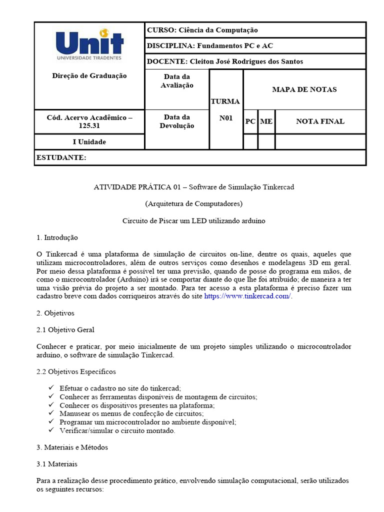 Atividade Prática 01 - Arquitetura de Computadores - Tinkercad | PDF | Arduino | PCs (computadores)