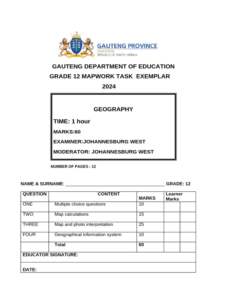 Grade 12 Mapwork Task 2024 | PDF | Geographic Information System | Earth Sciences