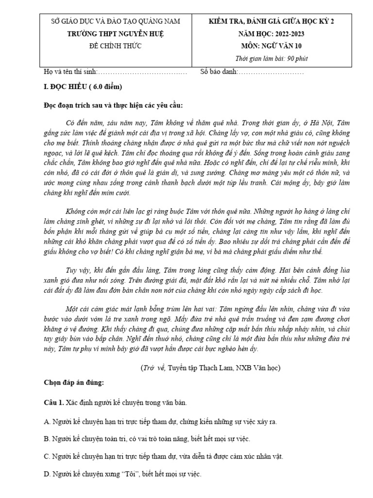 De Giua Hoc Ky 2 Ngu Van 10 Nam 2022 2023 Truong THPT Nguyen Hue Quang Nam | PDF