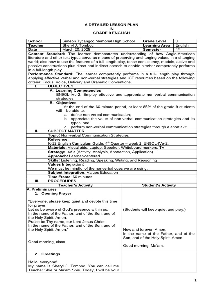 Tomboc-A Detailed Lesson Plan (JHS) | PDF | Nonverbal Communication ...