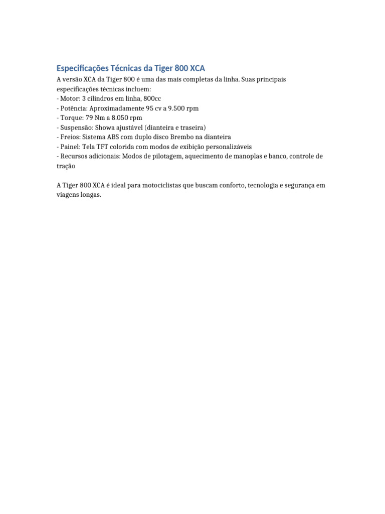 Relatorio 2 Especificacoes Tecnicas Tiger 800 XCA | PDF