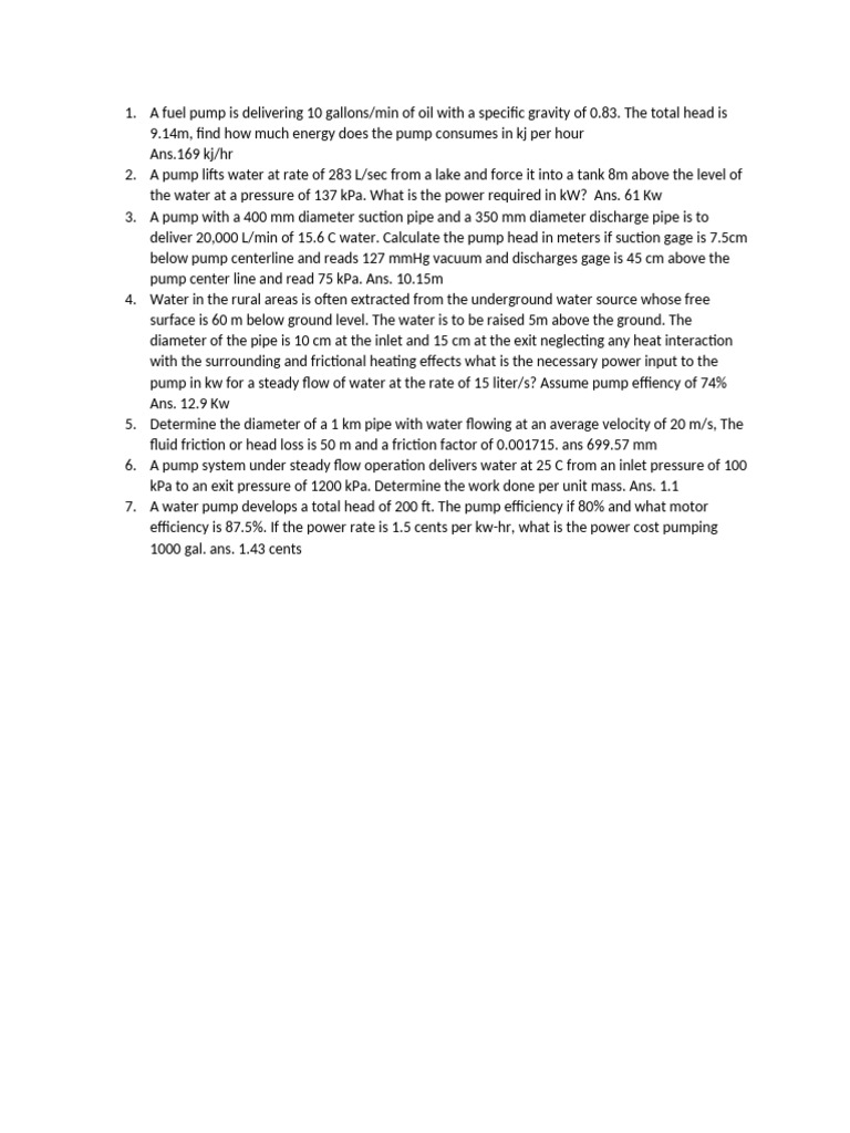 Pump Energy Calculations and Efficiency | PDF