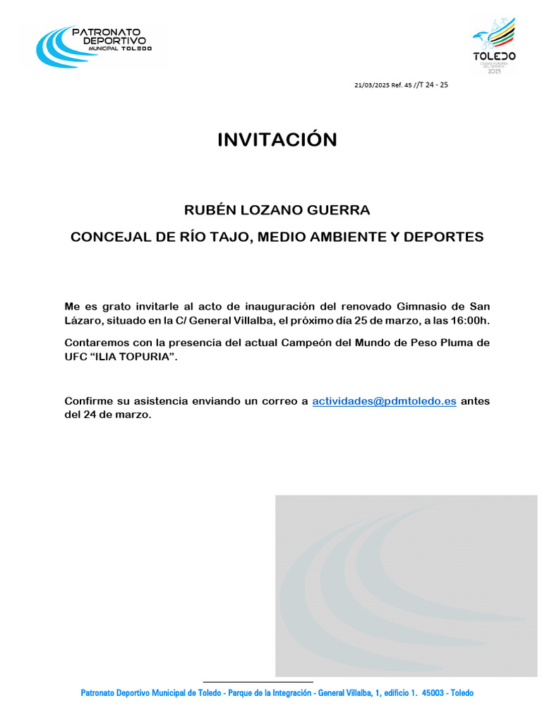 Invitación Inauguración Gimnasio San Lázaro | PDF