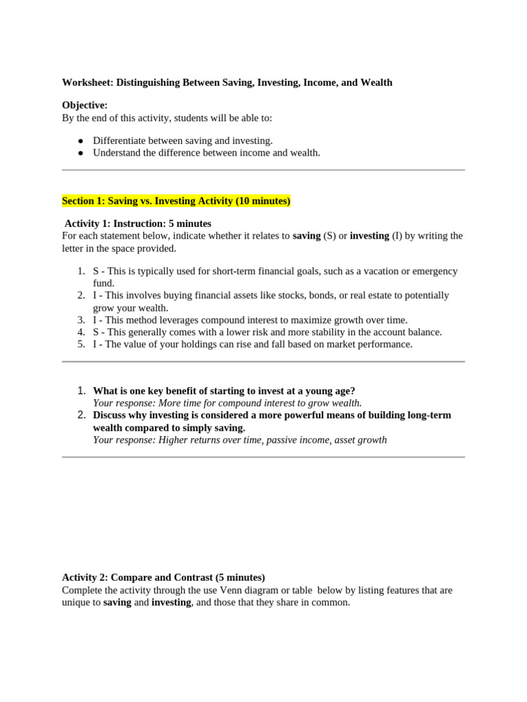 Saving vs. Investing Worksheet | PDF | Investing | Wealth