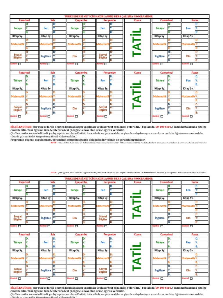 Ders Calisma Programi 567 Tatilli | PDF