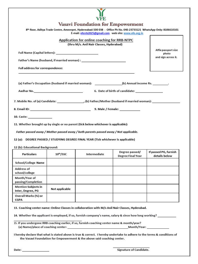 Vfe-Application For Online Coaching For RRB Thru Anil Nair Classes (Rev) | PDF | Access Control ...