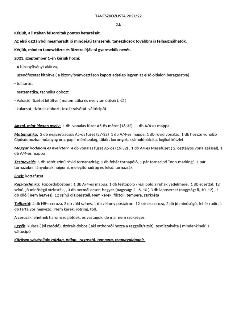 TANESZKÖZLISTA 2b 2021-2022 | PDF