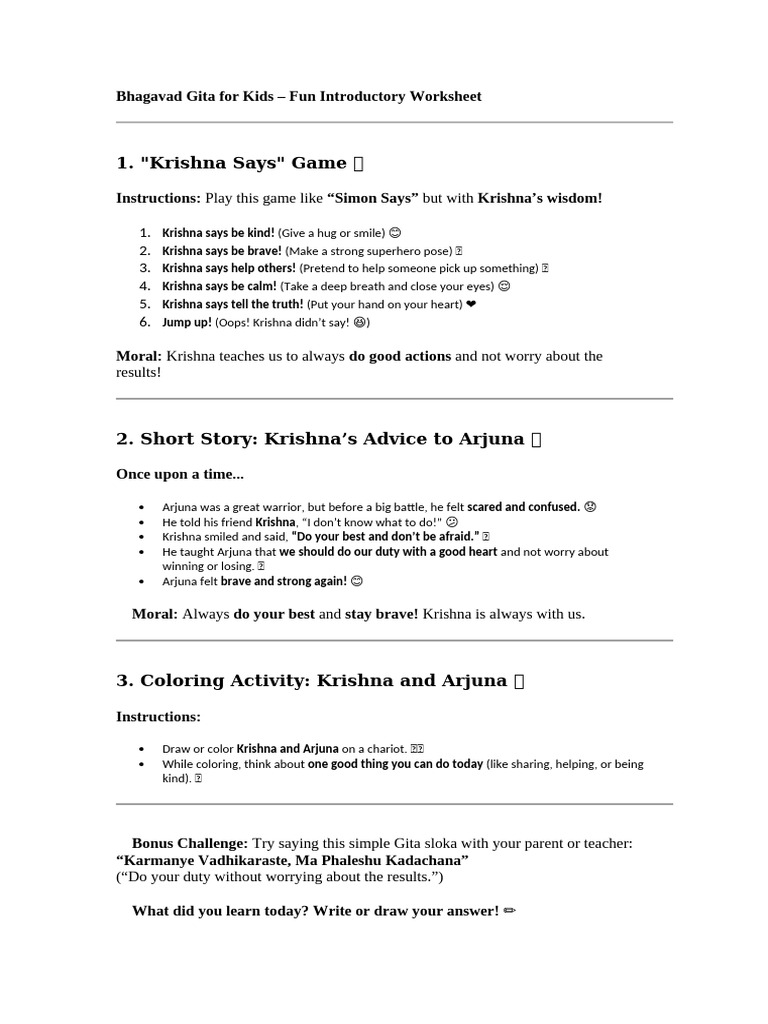 Fun Bhagavad Gita Activities for Kids | PDF | Krishna | Hinduism
