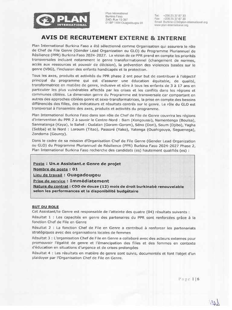 Avis de Recrutement D'un.e Assistant.e Genre de Projet | PDF