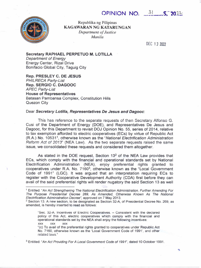 Doj Legal Opinion No. 31 Series 2022 Re Tax Exemption Afforded To ...