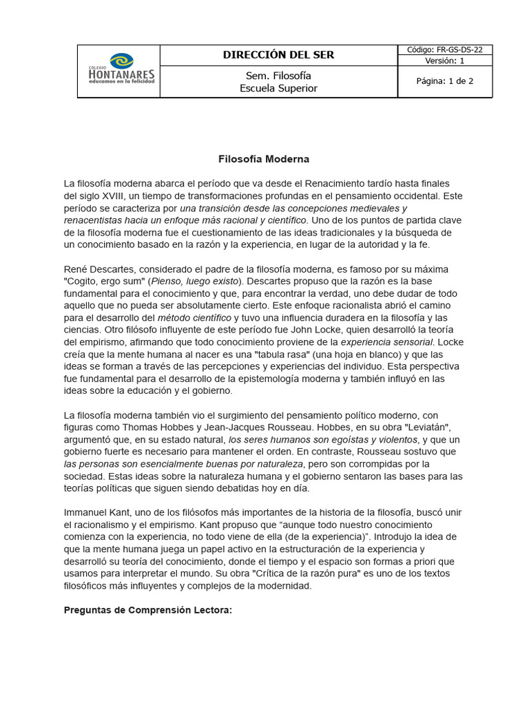 ES Filosofía - Modernidad | PDF | Filosofía moderna | René Descartes