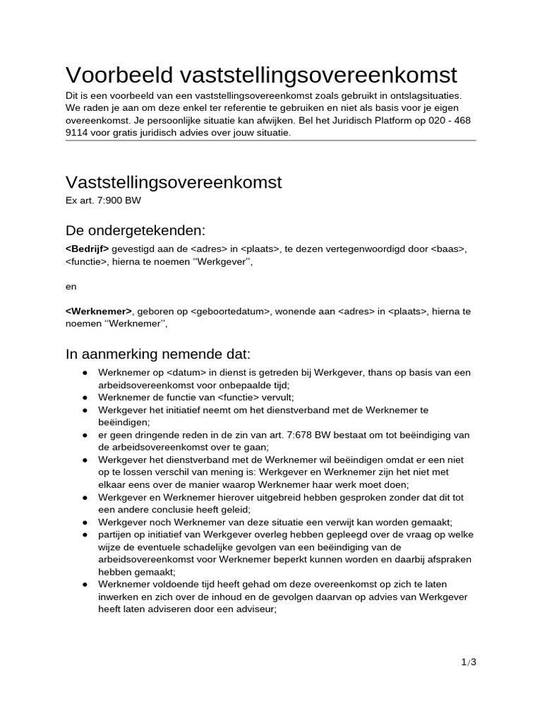 Voorbeeld Vaststellingsovereenkomst | PDF
