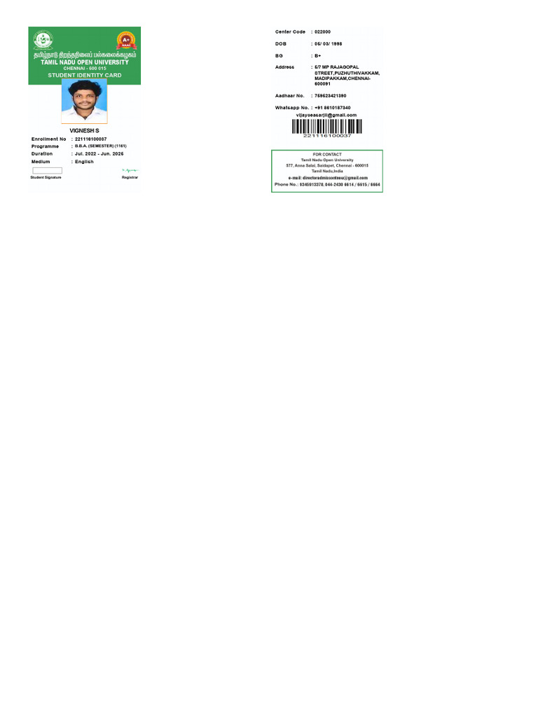 Id Card VIGNESHS | PDF