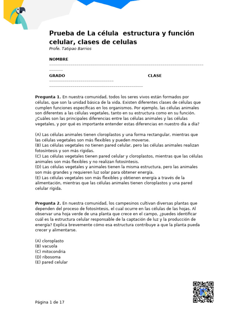 Prueba de La Célula Estructura y Función Celular, Clases de Celulas ...