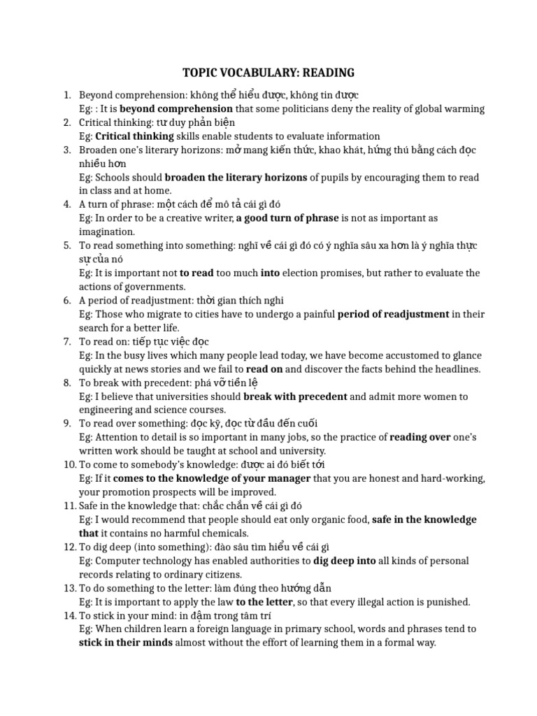 Topic Vocabulary - Reading | PDF