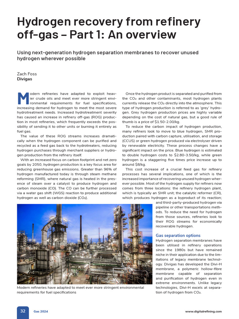 Hydrogen Recovery from Refinery Off-Gas | PDF | Hydrogen | Oil Refinery