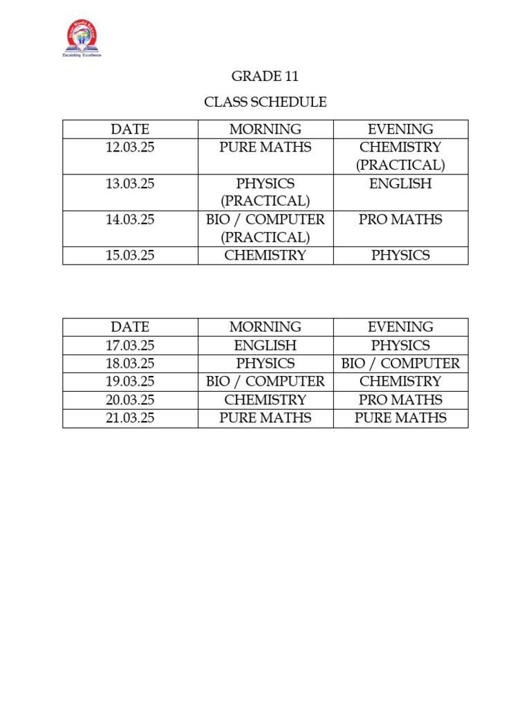 GR 11 Class Schedule - 250311 - 154522 | PDF