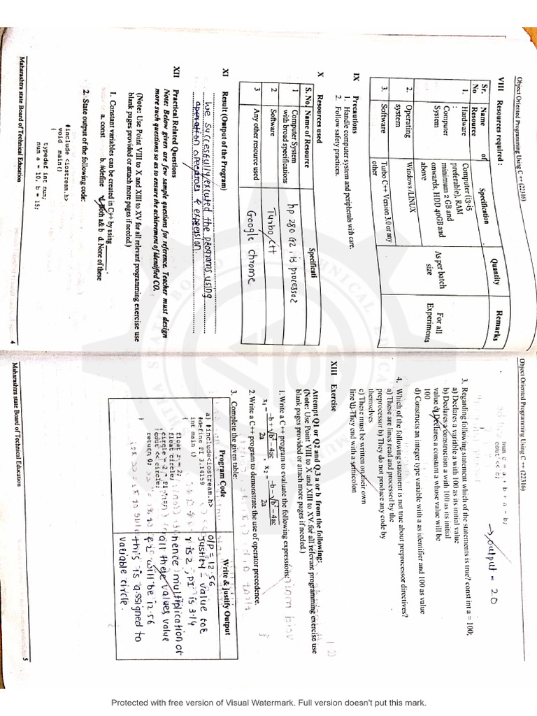 OOP (First) Object Oriented Programming Using C Lab Manual Answer 1 | PDF