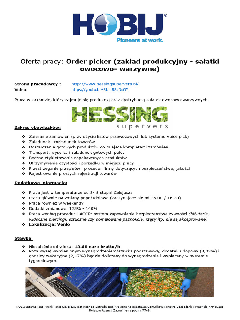 Oferta Pracy Hessing Venlo - Order Picker | PDF