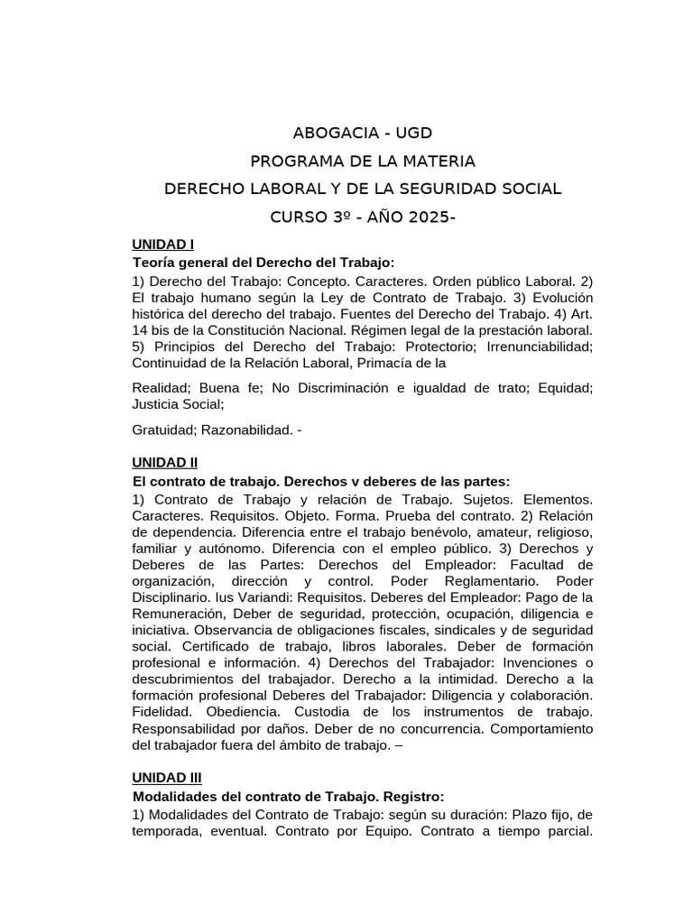 Programa y Bibliografia de Derecho Laboral y de La Seguridad Social- Año 2025 | PDF | Derecho ...