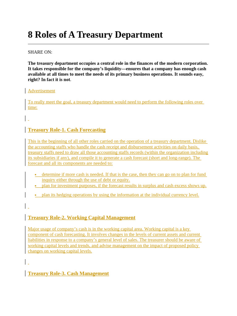 8 Roles of A Treasury Department | PDF | Banks | Management Accounting
