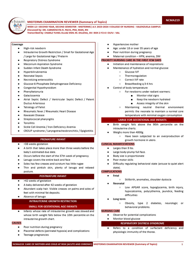 Midterms_ncma219 Trans_summary of Midterm Topics | PDF | Congenital Heart Defect | Heart