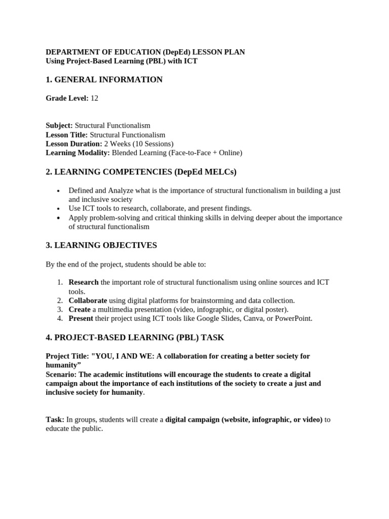 Lesson Plan Structural Functionalism (Sir Bayron) | PDF | Educational Technology | Procedural ...