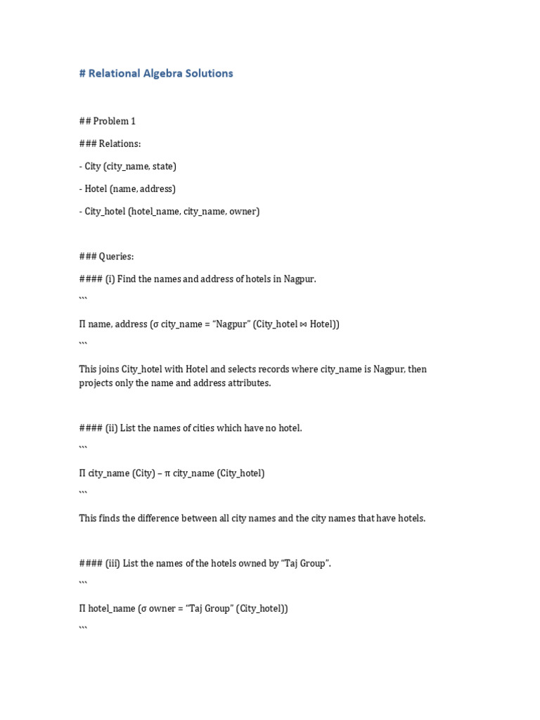 Relational Algebra Solutions | PDF | Relational Model | Programming Paradigms