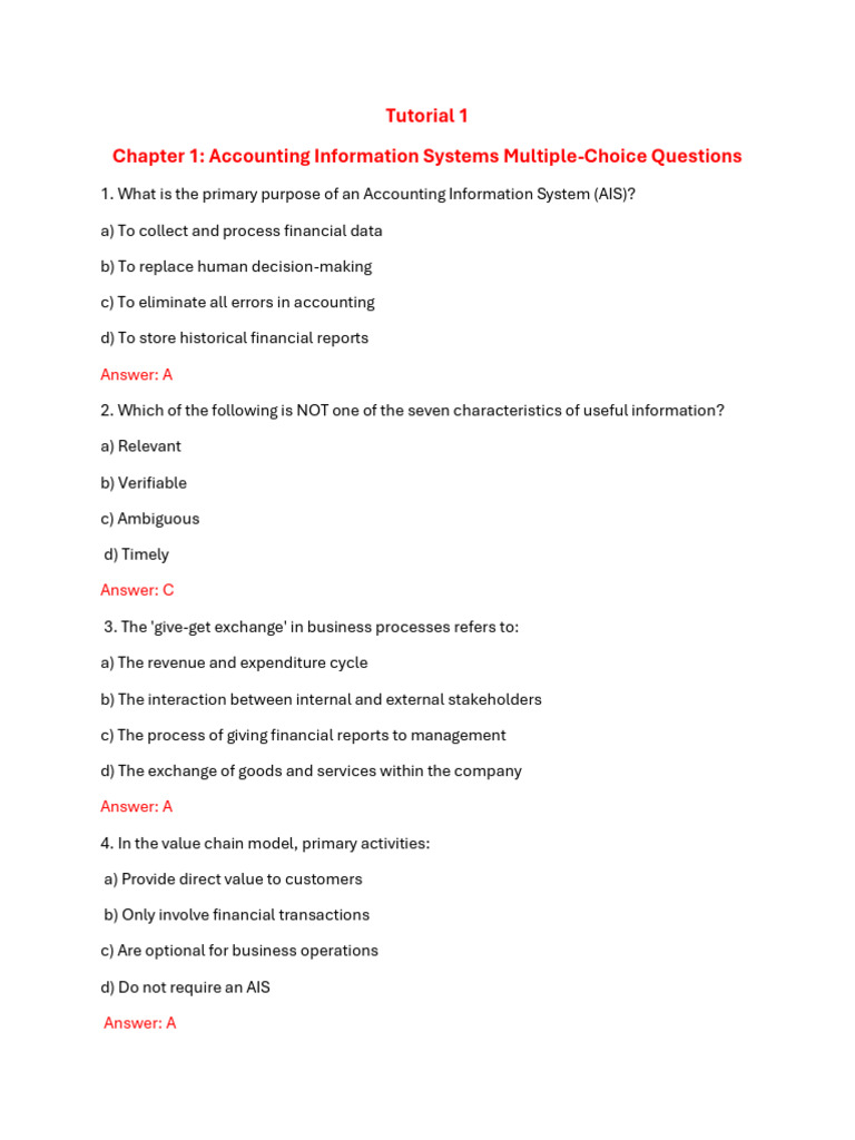 Tutorial 1 Chapter 1 Accounting Information Systems Multiple (1) | PDF | Artificial Intelligence ...