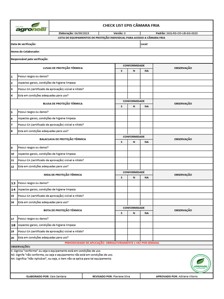 Checklist de EPIs Camara Fria | PDF