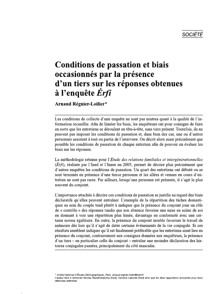 Conditions de Passation Et Biais Occassionnés Par La Présence Dun Tiers ...