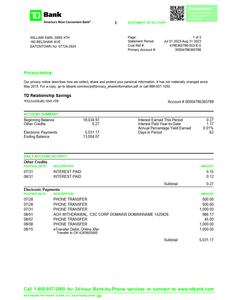 TD Bank Account Statement Summary | PDF | Transaction Account | Banks