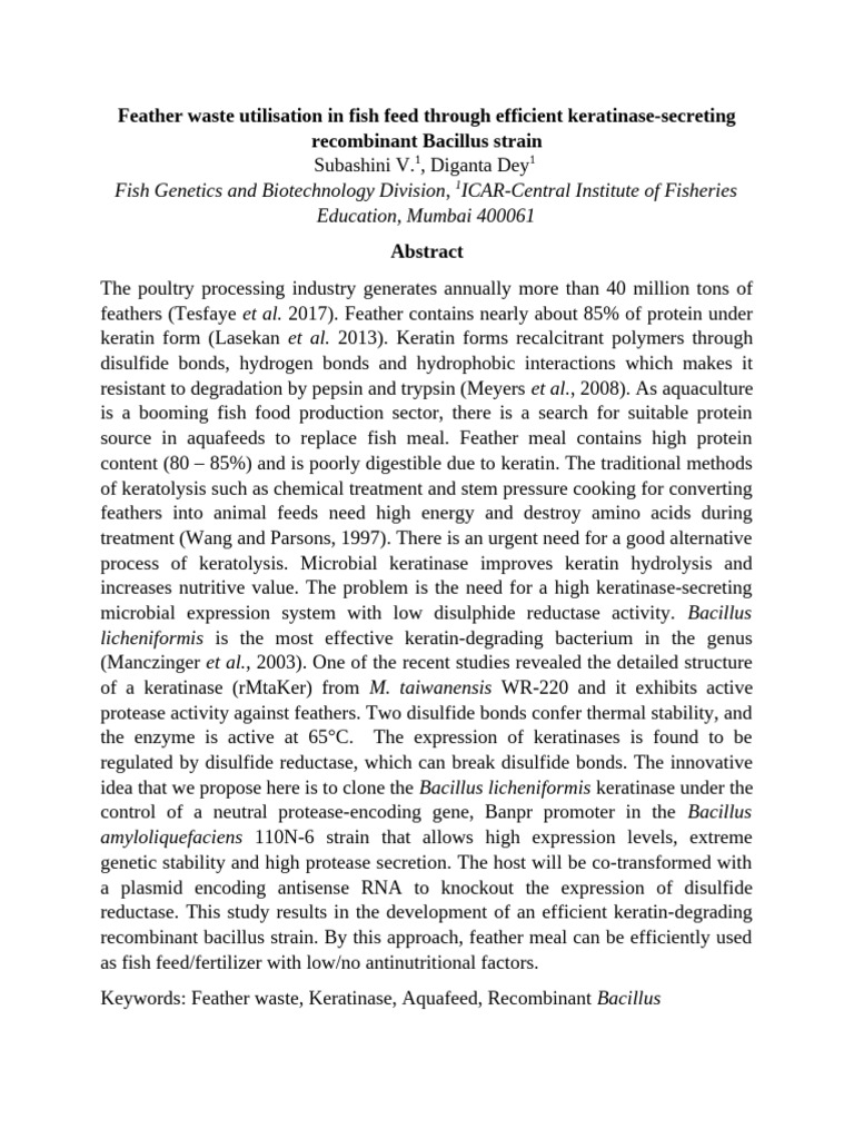 Feather Waste Utilization in Fish Feed Through Efficient Keratinase ...